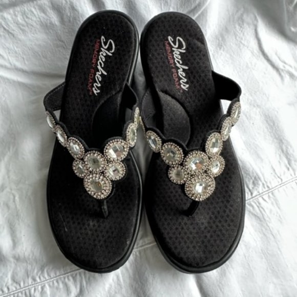 Skechers | Shoes | Skechers Rhinestone Wedge Flip Flops Size 7 | Poshmark